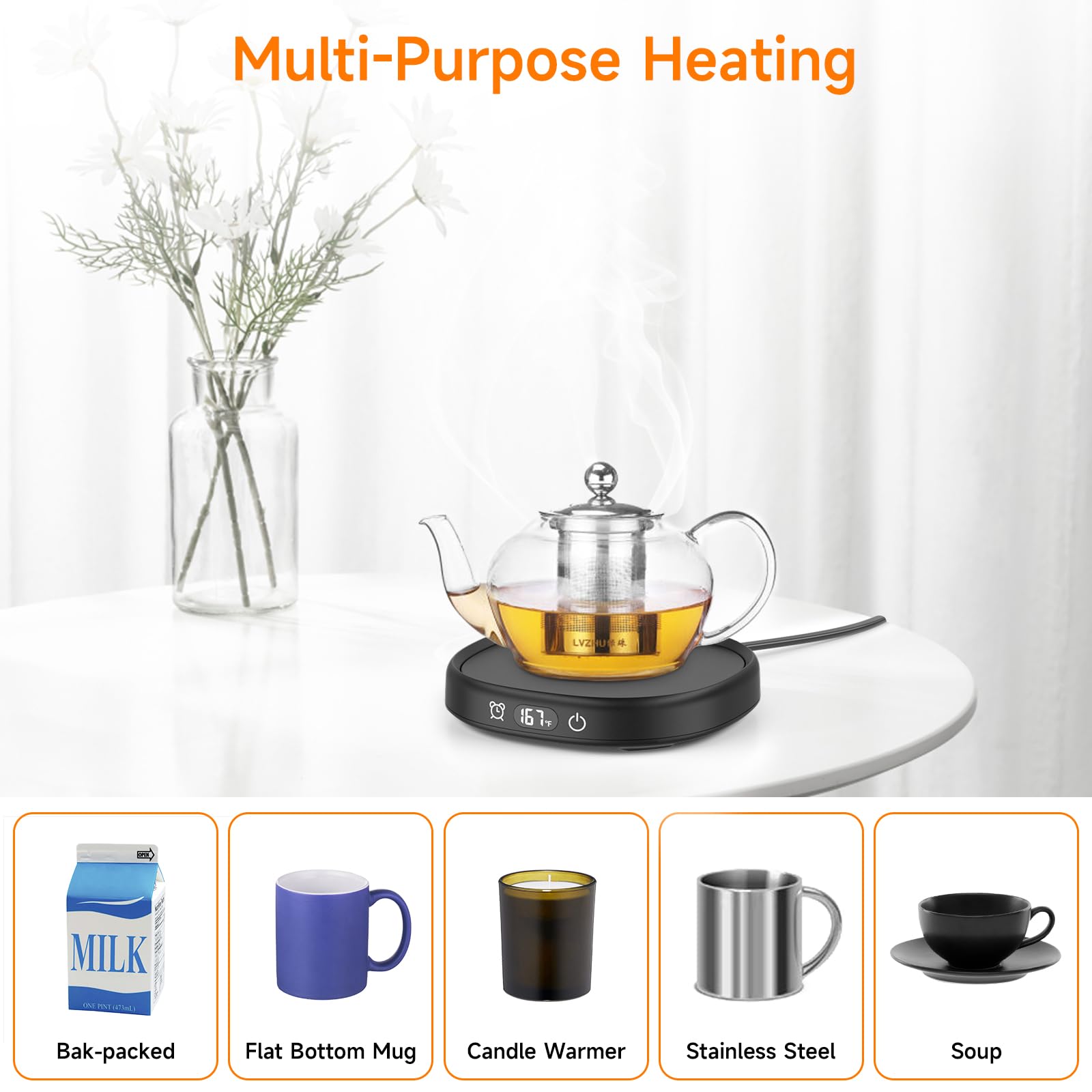 Mug Warmer, Coffee Warmer for Desk with Timer & 3 Temperature Control, Candle Warmer Plate with Auto Shut Off, Smart Cup Warmer for Coffee, Milk, Tea, Cocoa, Water