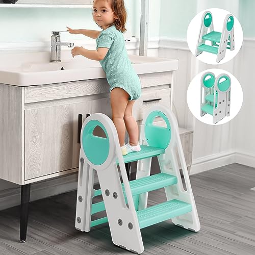 Gimars Upgrade Triple Stability Foldable Adjustable 2 Steps to 3 Steps Toddler Step Stool for Bathroom Sink, Step Stools for Kids with 6 Non-slip Pads,Handles for Toilet Potty Training,Kitchen Counter