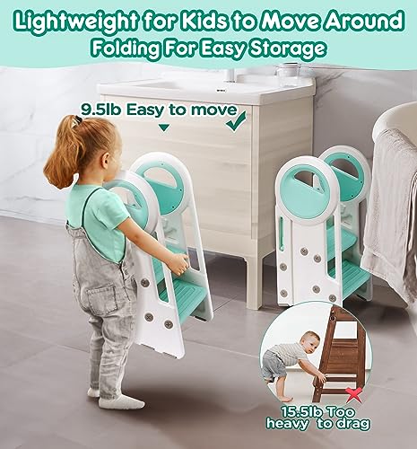 Gimars Upgrade Triple Stability Foldable Adjustable 2 Steps to 3 Steps Toddler Step Stool for Bathroom Sink, Step Stools for Kids with 6 Non-slip Pads,Handles for Toilet Potty Training,Kitchen Counter