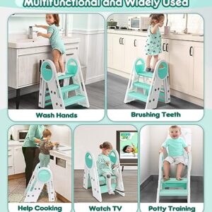 Gimars Upgrade Triple Stability Foldable Adjustable 2 Steps to 3 Steps Toddler Step Stool for Bathroom Sink, Step Stools for Kids with 6 Non-slip Pads,Handles for Toilet Potty Training,Kitchen Counter