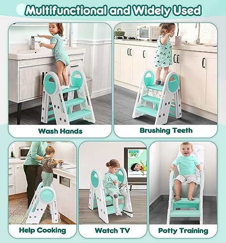 Gimars Upgrade Triple Stability Foldable Adjustable 2 Steps to 3 Steps Toddler Step Stool for Bathroom Sink, Step Stools for Kids with 6 Non-slip Pads,Handles for Toilet Potty Training,Kitchen Counter