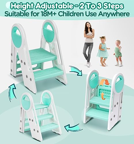 Gimars Upgrade Triple Stability Foldable Adjustable 2 Steps to 3 Steps Toddler Step Stool for Bathroom Sink, Step Stools for Kids with 6 Non-slip Pads,Handles for Toilet Potty Training,Kitchen Counter