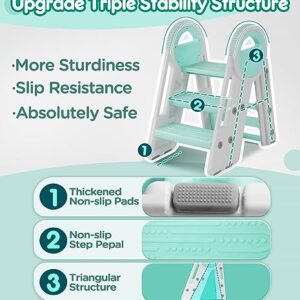 Gimars Upgrade Triple Stability Foldable Adjustable 2 Steps to 3 Steps Toddler Step Stool for Bathroom Sink, Step Stools for Kids with 6 Non-slip Pads,Handles for Toilet Potty Training,Kitchen Counter