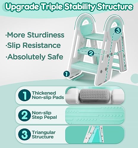 Gimars Upgrade Triple Stability Foldable Adjustable 2 Steps to 3 Steps Toddler Step Stool for Bathroom Sink, Step Stools for Kids with 6 Non-slip Pads,Handles for Toilet Potty Training,Kitchen Counter