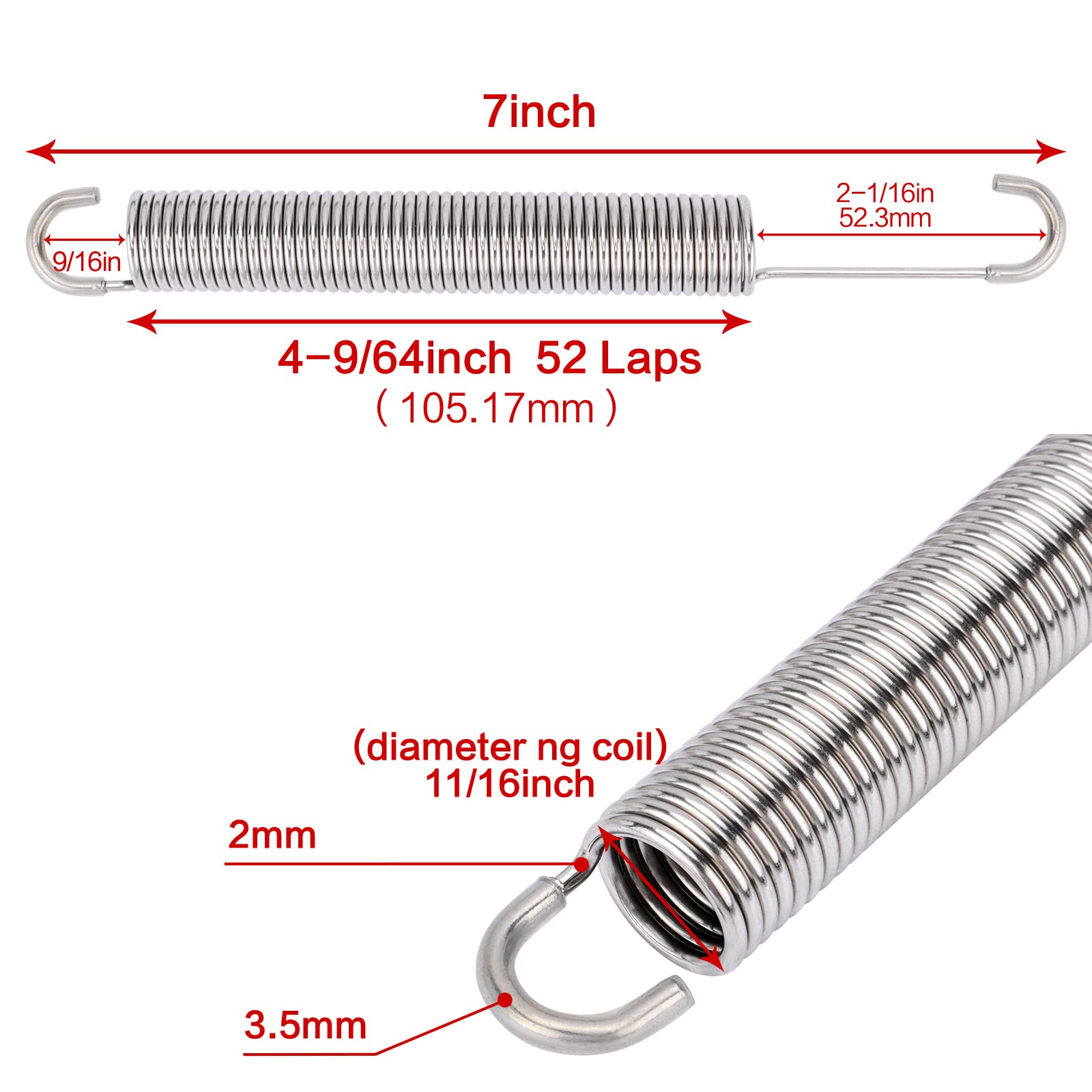 GNPADR 7 inch Stainless Steel Replacement Recliner Sofa Chair Mechanism Tension Spring - Long Neck Hook Style