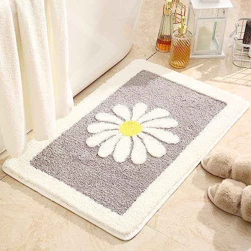 Bathroom Rugs Cute Daisy Bath Mat White and Yellow Flower Decor Rug Non Slip Floor Carpet Microfiber Bathmat Super Absorbent Machine Washable Bahtub Mats for Shower, Tub, Bedroom 16"x 24"Grey