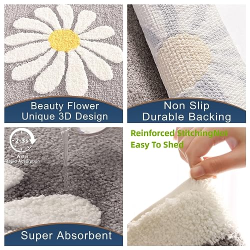 Bathroom Rugs Cute Daisy Bath Mat White and Yellow Flower Decor Rug Non Slip Floor Carpet Microfiber Bathmat Super Absorbent Machine Washable Bahtub Mats for Shower, Tub, Bedroom 16"x 24"Grey