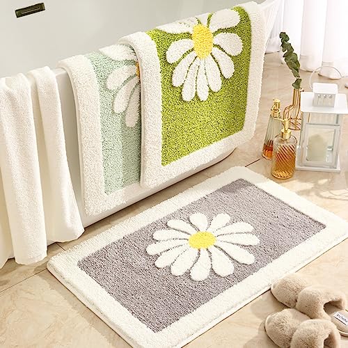 Bathroom Rugs Cute Daisy Bath Mat White and Yellow Flower Decor Rug Non Slip Floor Carpet Microfiber Bathmat Super Absorbent Machine Washable Bahtub Mats for Shower, Tub, Bedroom 16"x 24"Grey