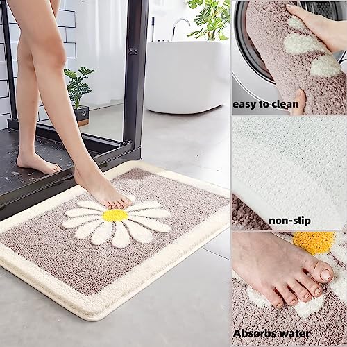 Bathroom Rugs Cute Daisy Bath Mat White and Yellow Flower Decor Rug Non Slip Floor Carpet Microfiber Bathmat Super Absorbent Machine Washable Bahtub Mats for Shower, Tub, Bedroom 16"x 24"Grey