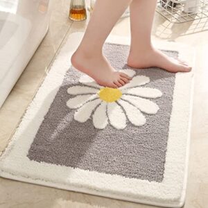 Bathroom Rugs Cute Daisy Bath Mat White and Yellow Flower Decor Rug Non Slip Floor Carpet Microfiber Bathmat Super Absorbent Machine Washable Bahtub Mats for Shower, Tub, Bedroom 16"x 24"Grey