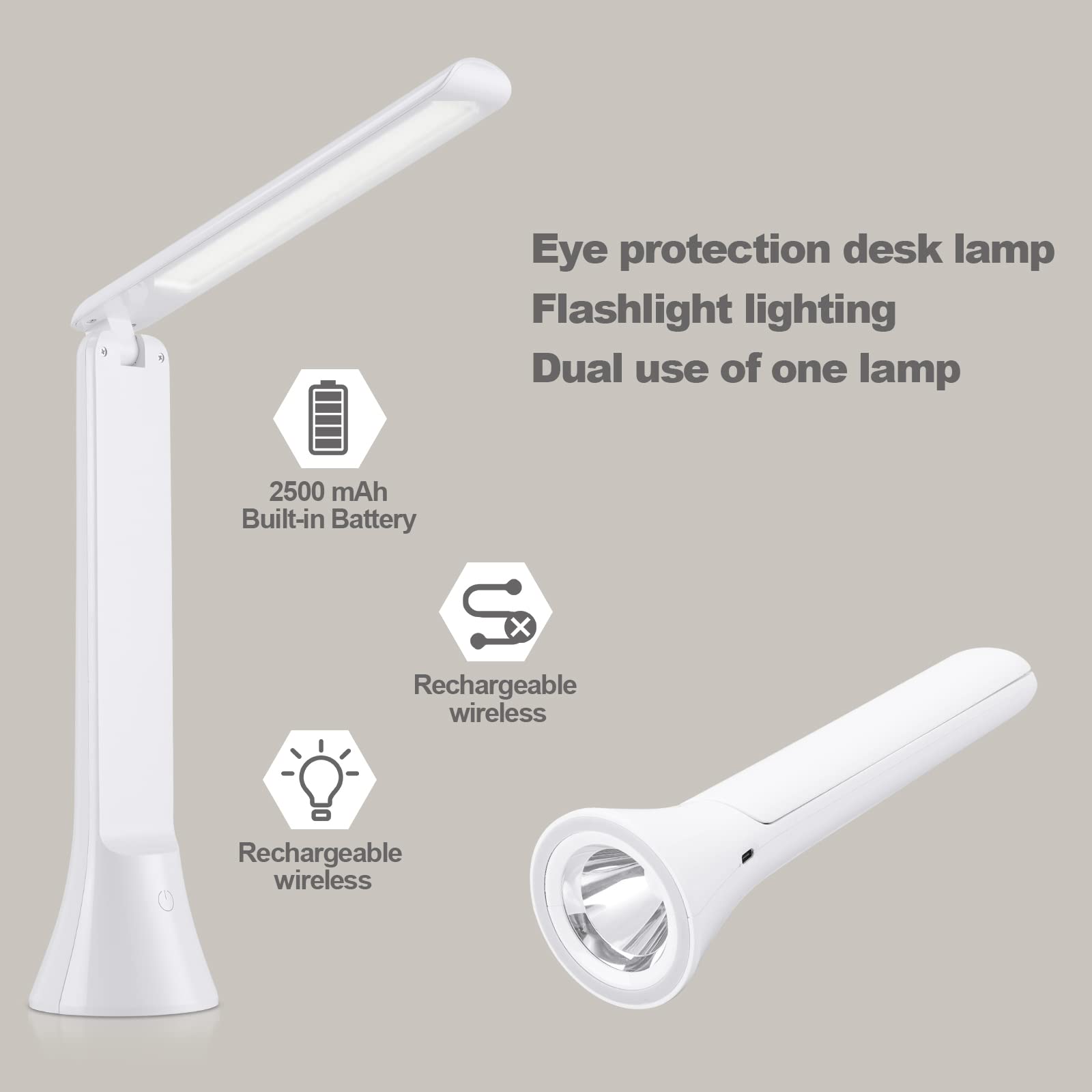 Rechargeable Desk Lamp, Foldable Portable Battery Operated Desk Lamp for Home Office, 2500mAh Cordless LED Desk Lamp with Flashlight Function, Eye Protection Study Lamp (White)