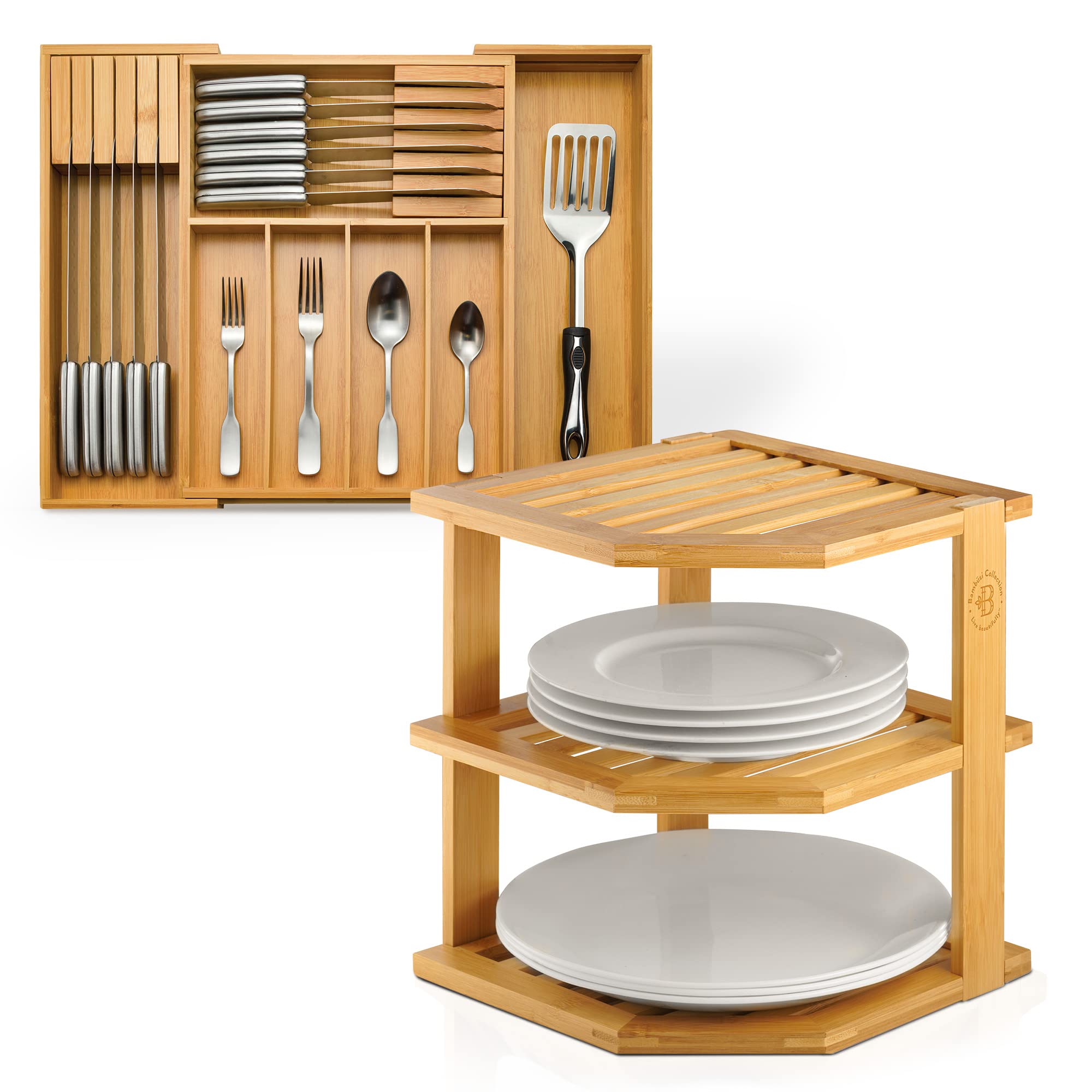 Bamboo Corner Kitchen Shelf and Utensil Organizer for Kitchen Drawers