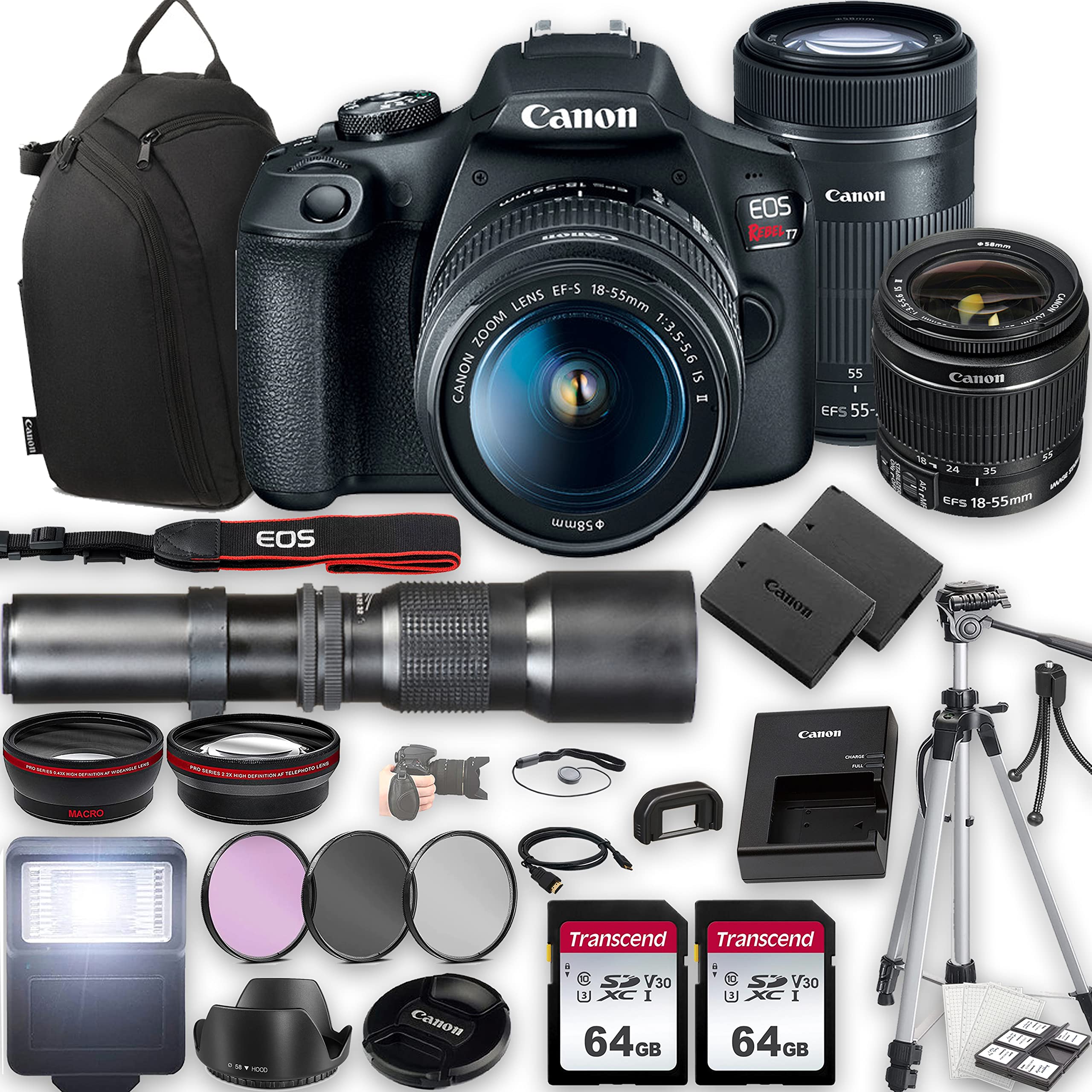 Canon EOS Rebel T7 DSLR Camera w/EF-S 18-55mm f/3.5-5.6 is II Lens + EF-S 55-250mm f/4-5.6 is STM Lens + 500mm f/8 Focus Lens + 2X 64GB Memory + Case + Filters + Tripod + More (35pc Bundle)