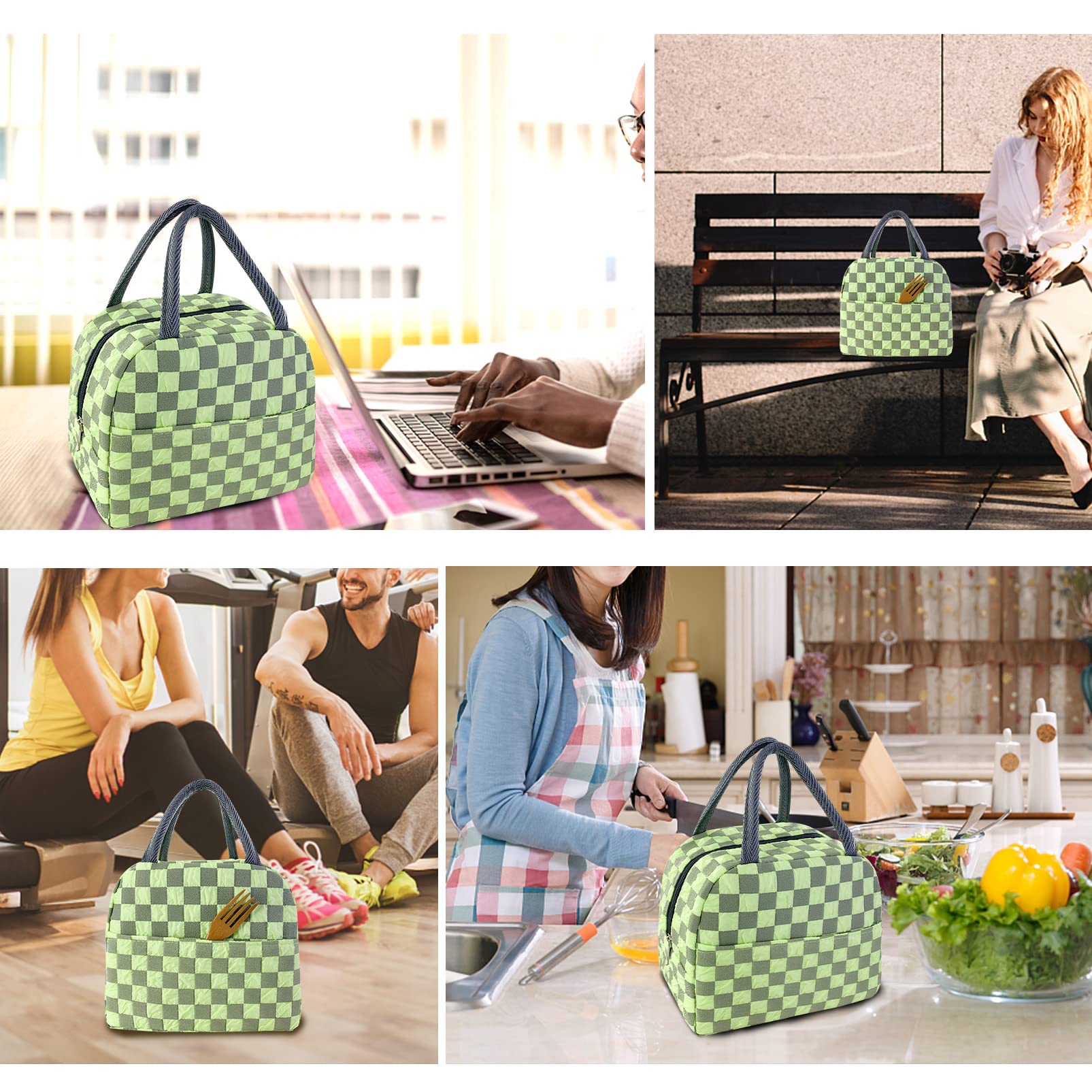 Mziart Cute Lunch Bag for Women Men, Aesthetic Lunch Bag Reusable Insulated Lunch Tote Bag Kawaii Lunch Box Container Waterproof Lunch Cooler Bag for Work Office Travel Picnic (Green)