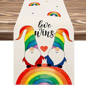 whaline rainbow pride table runner gay day gnome table runner love wins table cover pride lgbtq holiday kitchen dining table decoration for home party favors men women beginners adults, 13 x 72 inch