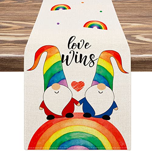 Whaline Rainbow Pride Table Runner Gay Day Gnome Table Runner Love Wins Table Cover Pride LGBTQ Holiday Kitchen Dining Table Decoration for Home Party Favors Men Women Beginners Adults, 13 x 72 Inch