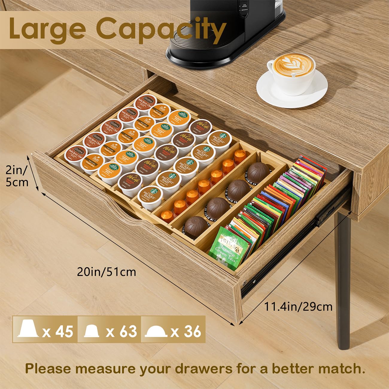 Kssiaz Coffee Pod Holder Drawer, Bamboo K Cup Holder Compatible with Nespresso Vertuo Capsules, 25-45 K Cup Drawer Organizer for Coffee Station Home Office and Kitchen (Bamboo)