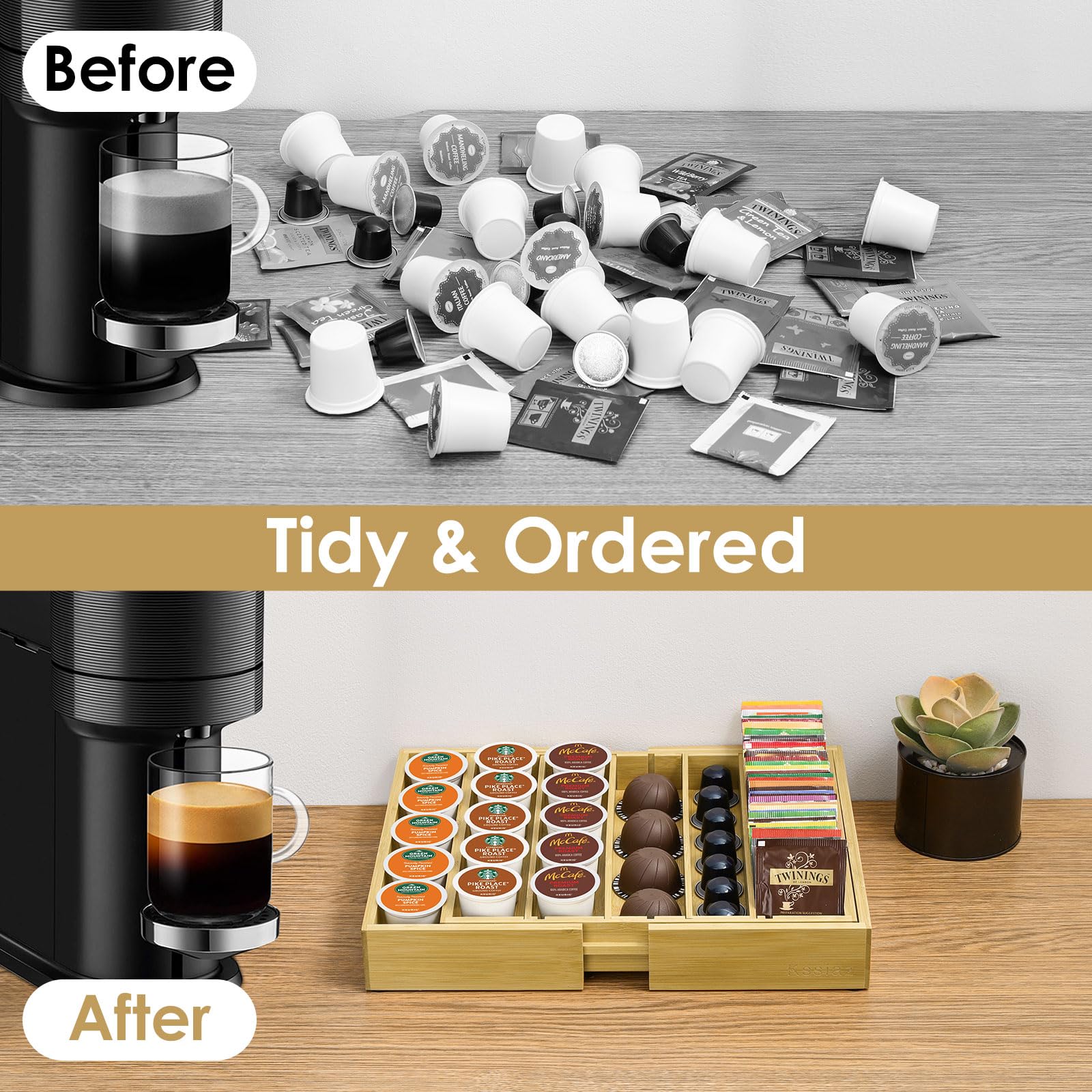 Kssiaz Coffee Pod Holder Drawer, Bamboo K Cup Holder Compatible with Nespresso Vertuo Capsules, 25-45 K Cup Drawer Organizer for Coffee Station Home Office and Kitchen (Bamboo)