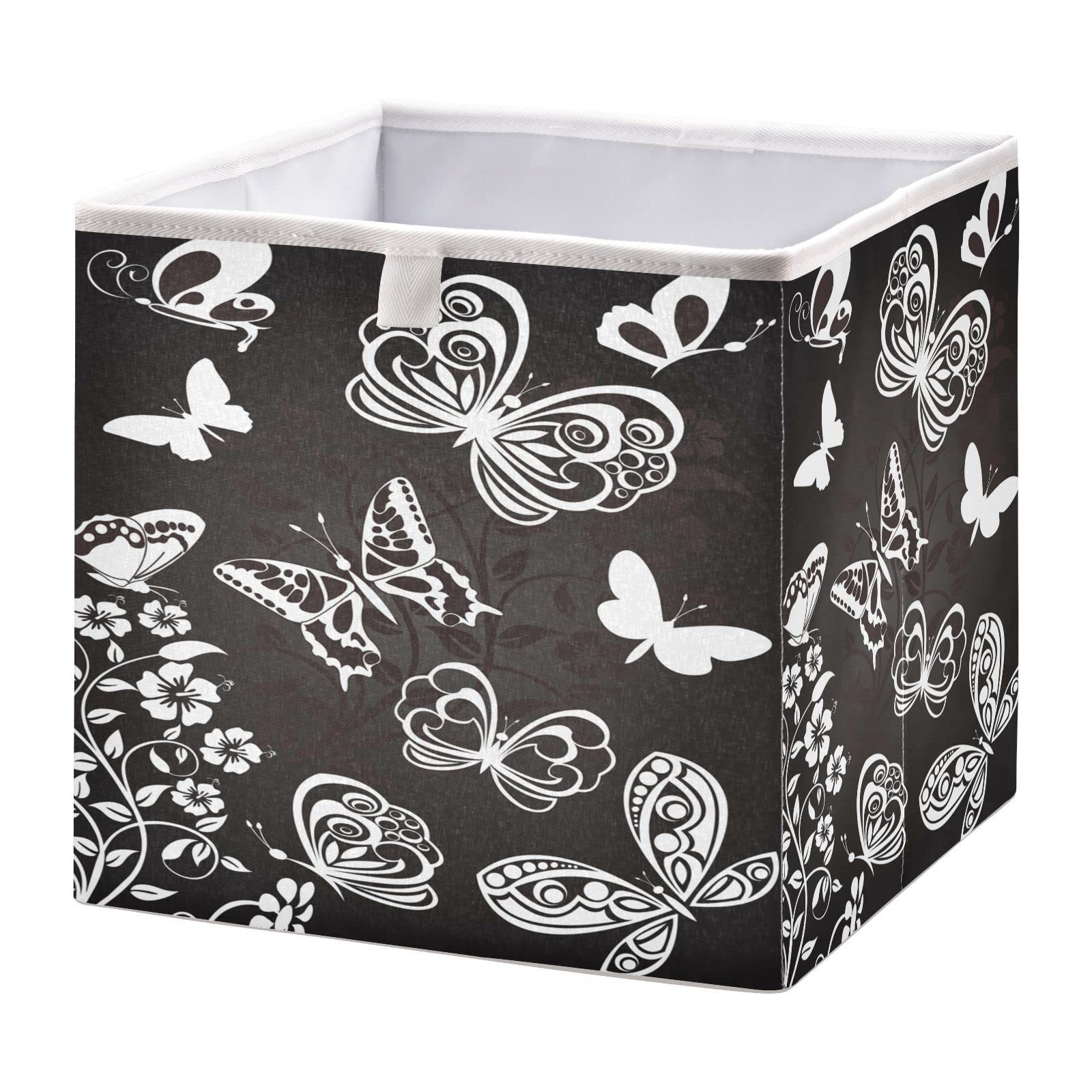 Kigai Black White Butterfly Flower Cube Storage Bins - 11x11x11 In Large Foldable Storage Basket Fabric Storage Baskes Organizer for Toys, Books, Shelves, Closet, Home Decor