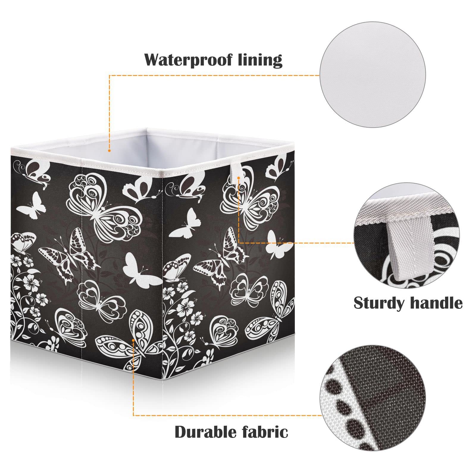 Kigai Black White Butterfly Flower Cube Storage Bins - 11x11x11 In Large Foldable Storage Basket Fabric Storage Baskes Organizer for Toys, Books, Shelves, Closet, Home Decor