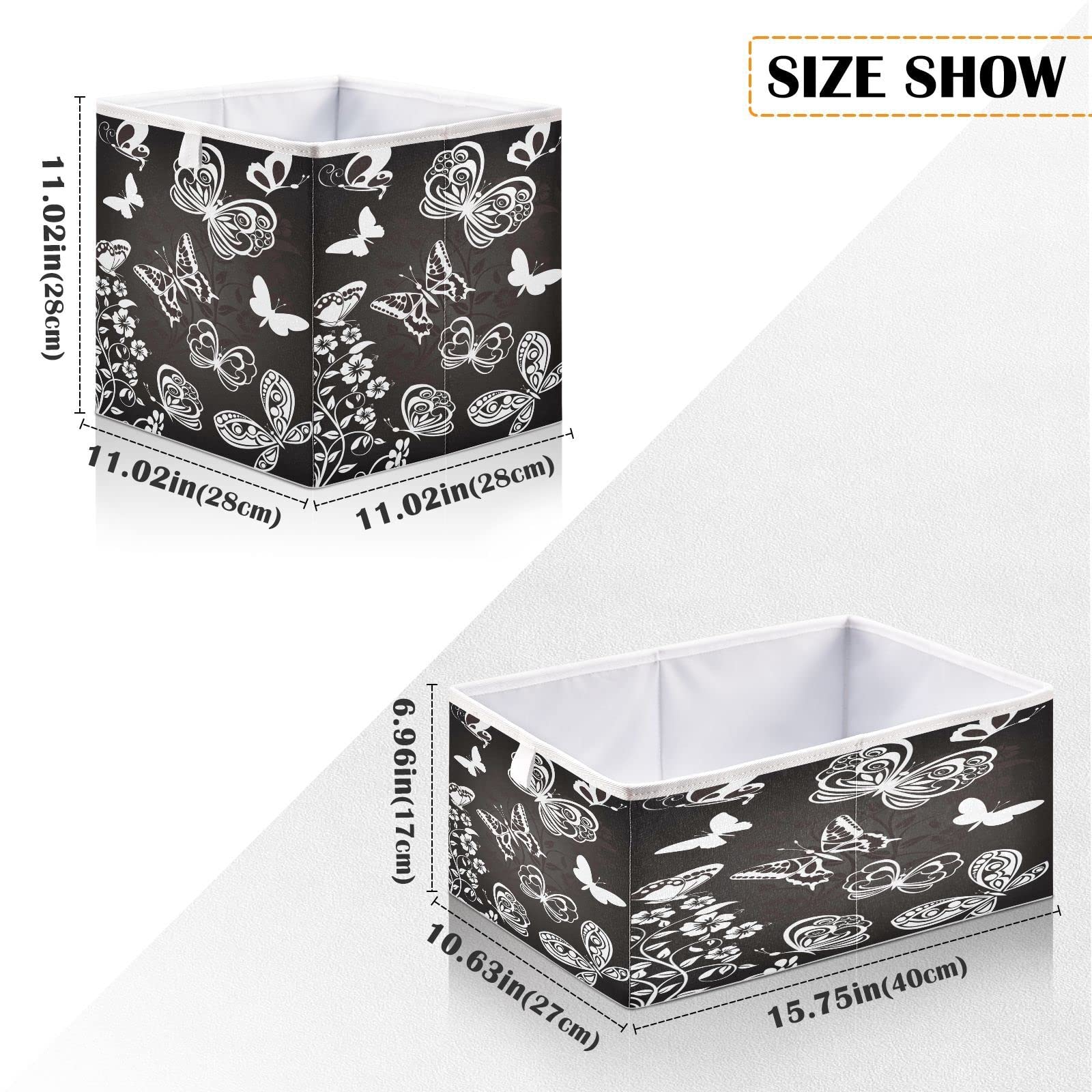 Kigai Black White Butterfly Flower Cube Storage Bins - 11x11x11 In Large Foldable Storage Basket Fabric Storage Baskes Organizer for Toys, Books, Shelves, Closet, Home Decor