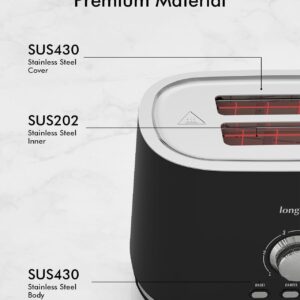 LONGDEEM Compact 2-Slice Toaster with 6-Level Precision Browning, 1.6 Wide Slots, Stainless Steel, Easy-Clean Crumb Tray, and Integrated Cord Storage, Black