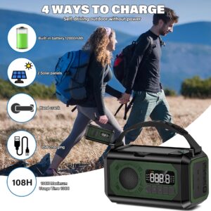 12000mAh Emergency Weather Radio, Hand Crank Radio Solar Radio Portable AM/FM/NOAA Radio with 2 Solar Panels 3 Charging Methods SOS Alarm 3 Mode Flashlight Phone Charger Compass Reading Lamp(Green)