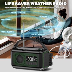 12000mAh Emergency Weather Radio, Hand Crank Radio Solar Radio Portable AM/FM/NOAA Radio with 2 Solar Panels 3 Charging Methods SOS Alarm 3 Mode Flashlight Phone Charger Compass Reading Lamp(Green)