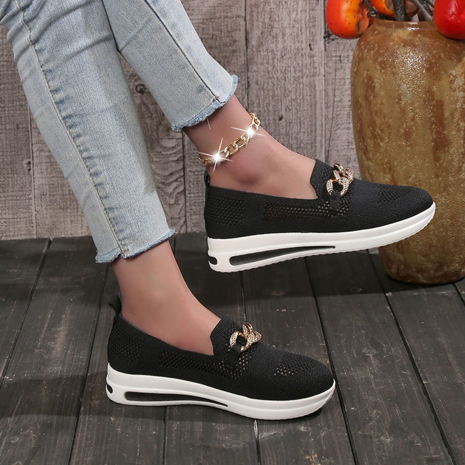 BE OVER QUALITY Women's Woven Breathable Orthopedic Wedge Sneakers, Mesh up Stretch Lightweight Platform Orthopedic Wedge Sneakers, Comfortable Casual Fashion Sneaker Walking Shoes for Women Black