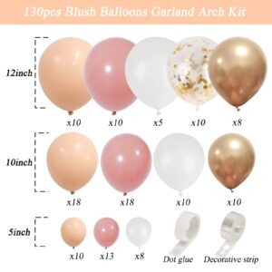 RUBFAC 130pcs Blush Balloons Garland Kit, Retro Dusty Pink White Double Stuffed Nude Champagne Gold Confetti Party Balloons for Boho Birthday Wedding Bridal Shower Party Decorations