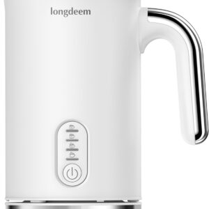 LONGDEEM Milk Frother, 4-in-1 Electric Milk Foamer with Cold & Hot Froth for Latte Cappuccino - Automatic Coffee Foam Maker, Stainless Steel, 10 oz/5 oz, Non-Stick Coating with Auto Shut-Off, White