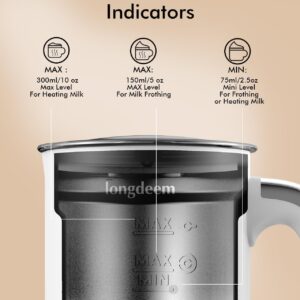 LONGDEEM Milk Frother, 4-in-1 Electric Milk Foamer with Cold & Hot Froth for Latte Cappuccino - Automatic Coffee Foam Maker, Stainless Steel, 10 oz/5 oz, Non-Stick Coating with Auto Shut-Off, White