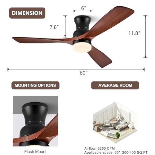 BOOSANT 60" Flush Mount Ceiling Fan with Lights, 60 Inch Ceiling Fans with Remote Control, Low Profile Ceiling Fan for Outdoor Patios, Hugger Ceiling Fan, Quiet Reversible DC Motor (Dark Walnut)