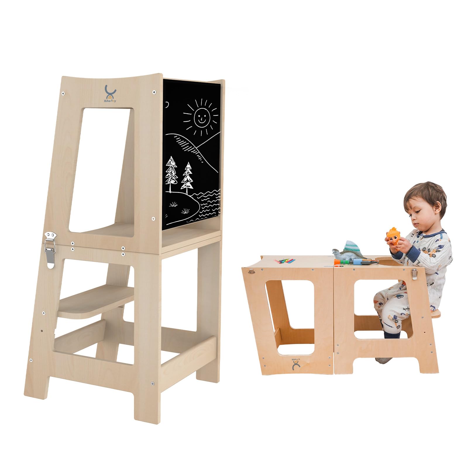 XIHAToy 3-in-1 Standing Tower for Kids Kitchen Tower for Toddlers Children Kids Stool Helper Folded Step-Up Toddler Helper with Chalkboard (Natural)