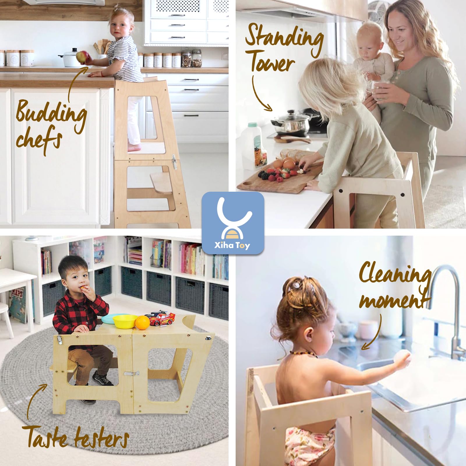 XIHAToy 3-in-1 Standing Tower for Kids Kitchen Tower for Toddlers Children Kids Stool Helper Folded Step-Up Toddler Helper with Chalkboard (Natural)