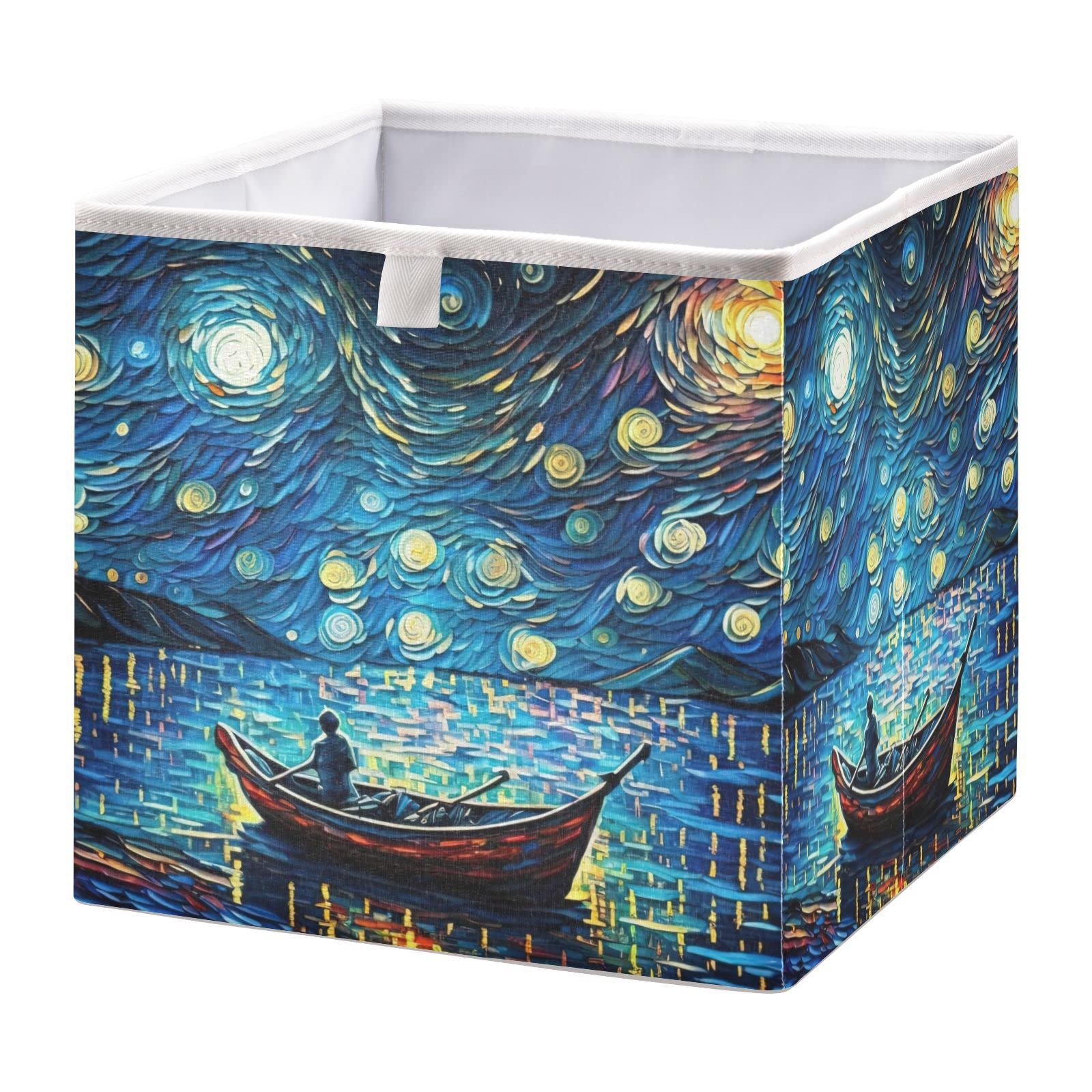 Vnurnrn Van Gogh Night Lake Collapsible Cube Storage Bins, Storage Box with Support Board, Foldable Fabric Baskets for Shelf Closet Cabinet