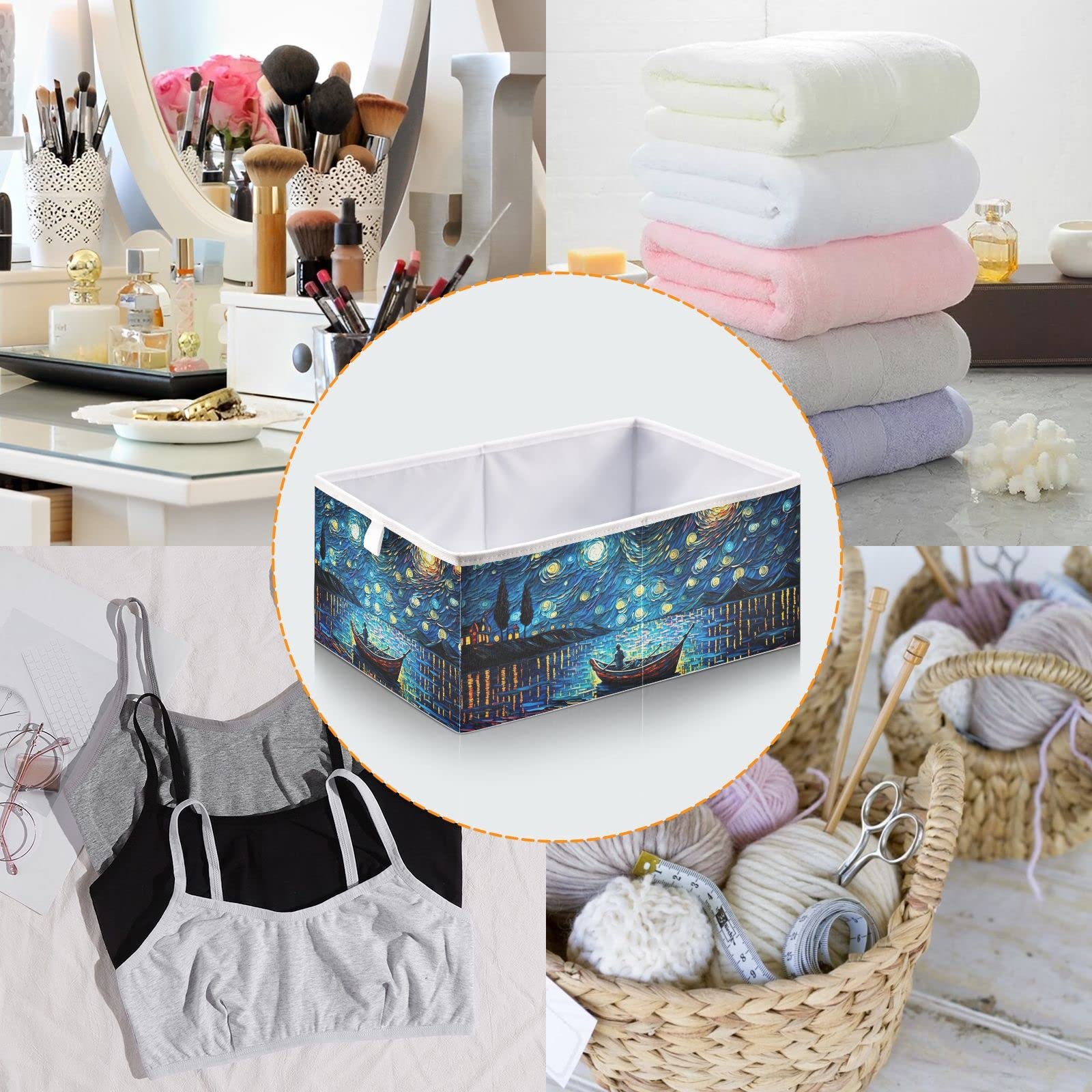 Vnurnrn Van Gogh Night Lake Collapsible Cube Storage Bins, Storage Box with Support Board, Foldable Fabric Baskets for Shelf Closet Cabinet