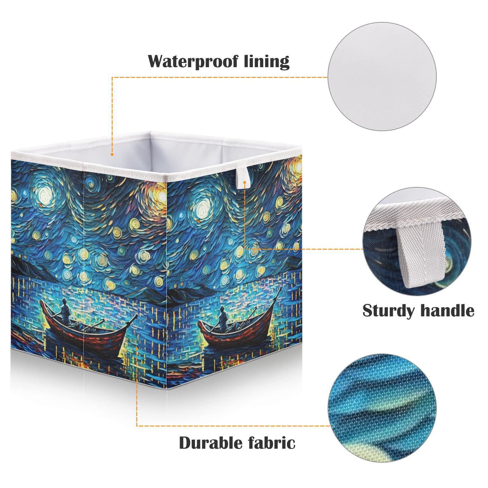 Vnurnrn Van Gogh Night Lake Collapsible Cube Storage Bins, Storage Box with Support Board, Foldable Fabric Baskets for Shelf Closet Cabinet