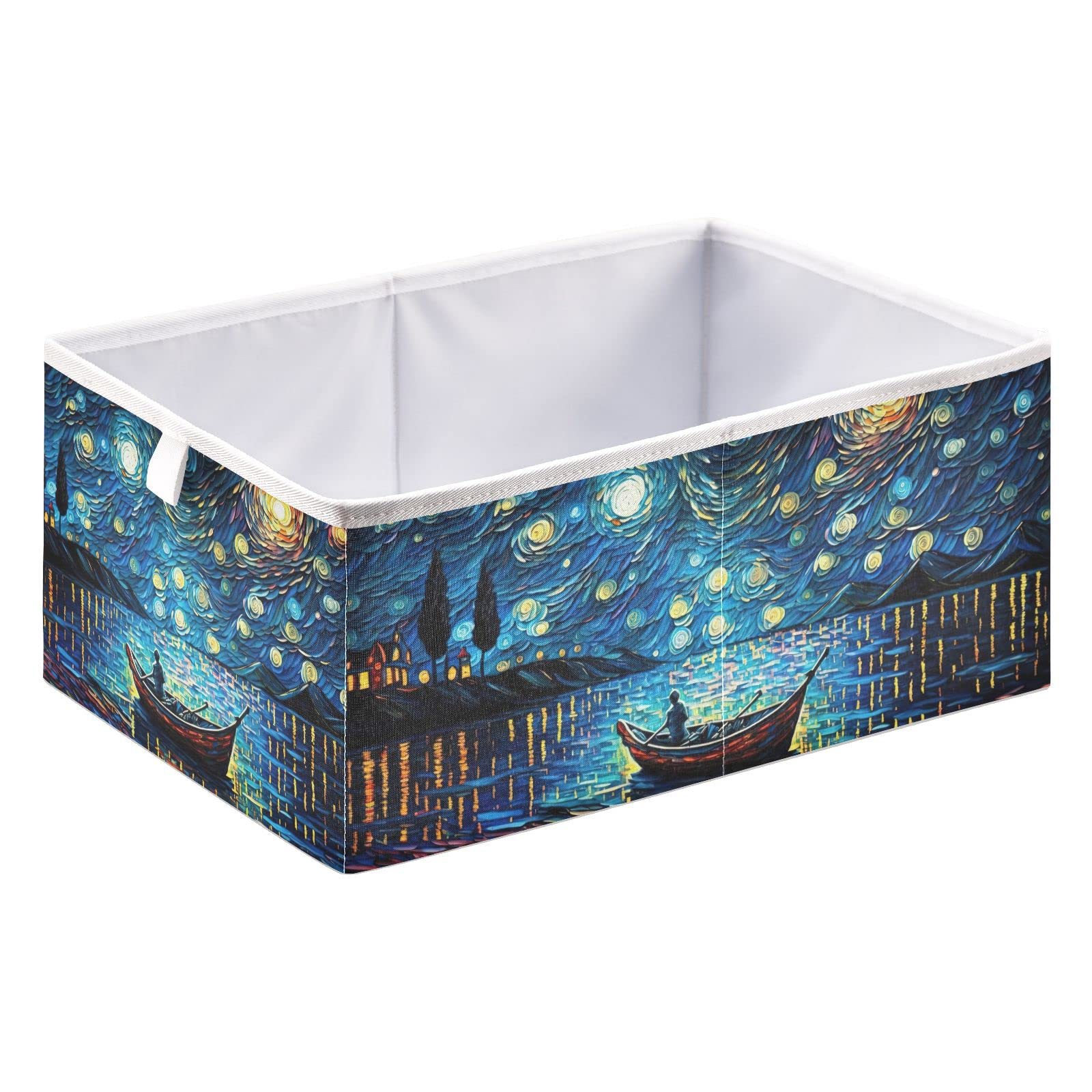 Vnurnrn Van Gogh Night Lake Collapsible Cube Storage Bins, Storage Box with Support Board, Foldable Fabric Baskets for Shelf Closet Cabinet