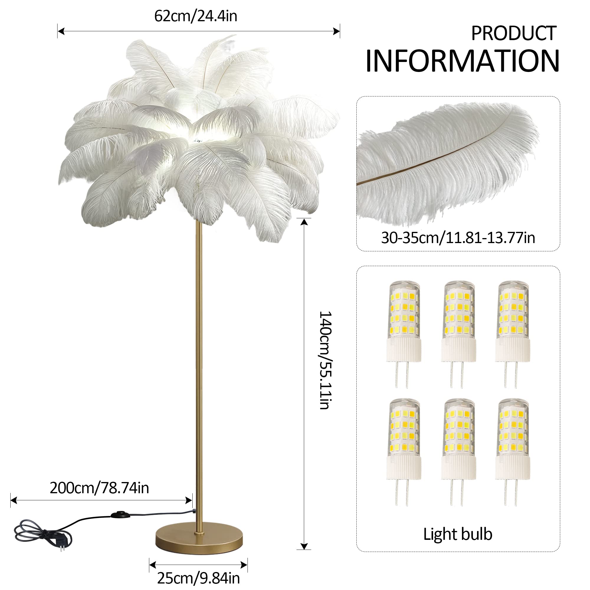 HDXZTQ Floor Lamp， Standing Lamp Tall Feather Floor Lamps 62.9in White Floor Lamps for Living Room Foot Switch / 6*G4 Feather Lamp