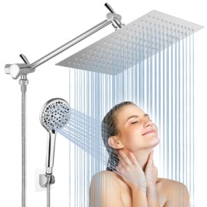 rain shower head with handheld, lanhado 12'' high pressure rainfall shower head with 11'' extension arm, 9 settings handheld shower heads with holder & hose, anti-leak waterfall showerhead, chrome