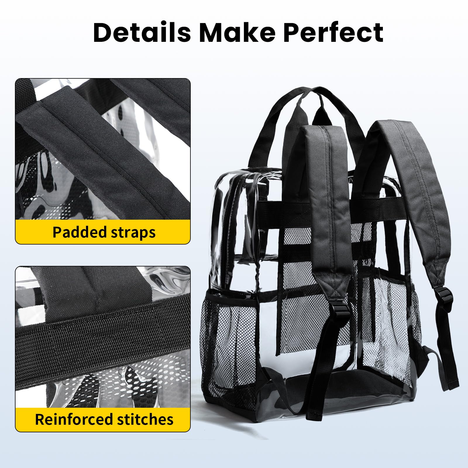 Vorspack Clear Backpack Heavy Duty - Large Clear Book Bag with Reinforced Bottom See Through Backpack with Handle for College Workplace - Black