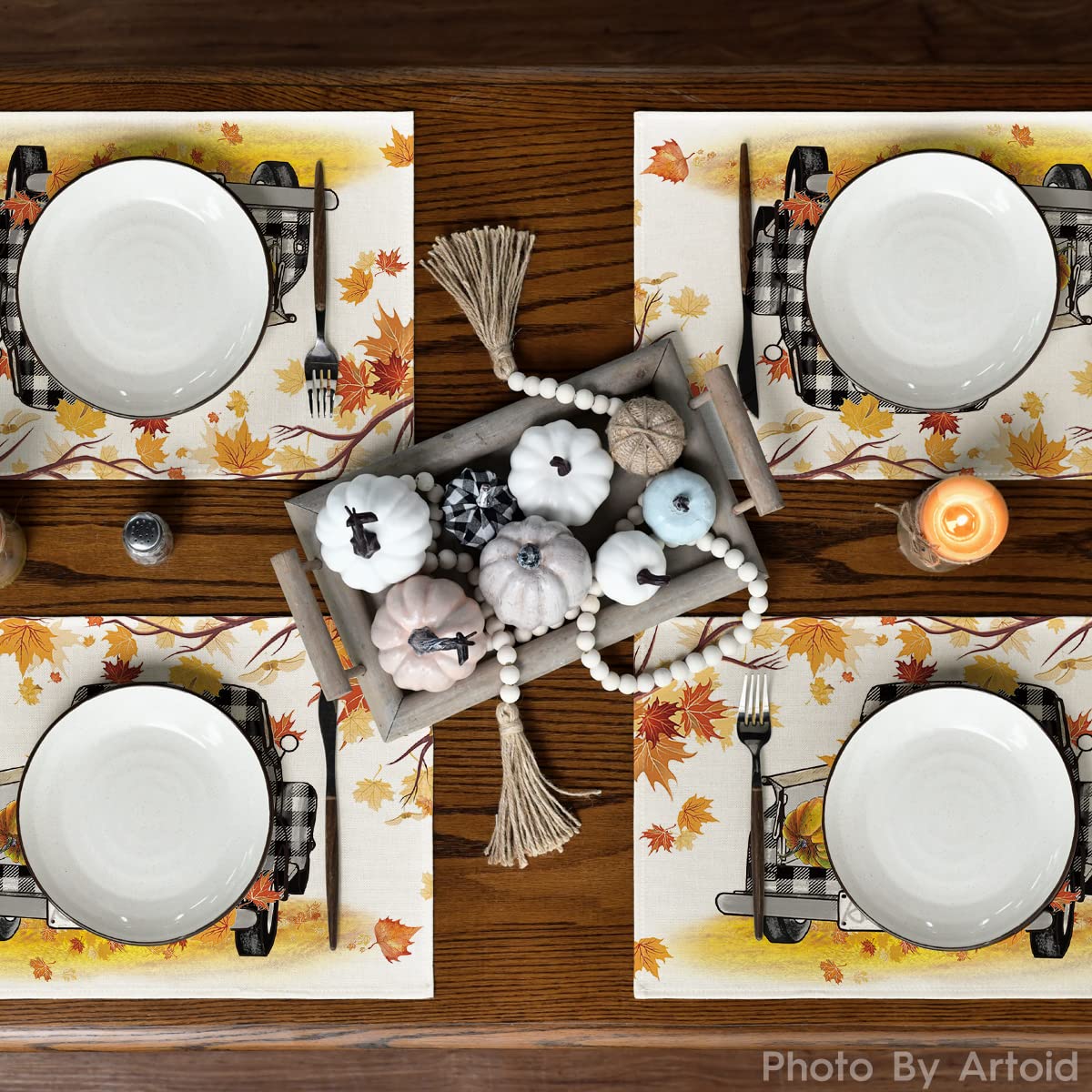 Artoid Mode Maple Leaves Pumpkins Buffalo Plaid Truck Placemats Set of 8, 12x18 Inch Fall Autumn Thanksgiving Harvest Table Mats for Dining Decoration