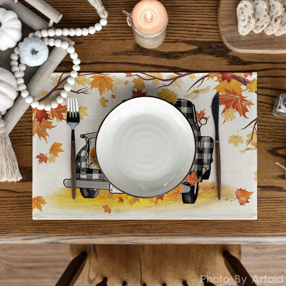 Artoid Mode Maple Leaves Pumpkins Buffalo Plaid Truck Placemats Set of 8, 12x18 Inch Fall Autumn Thanksgiving Harvest Table Mats for Dining Decoration