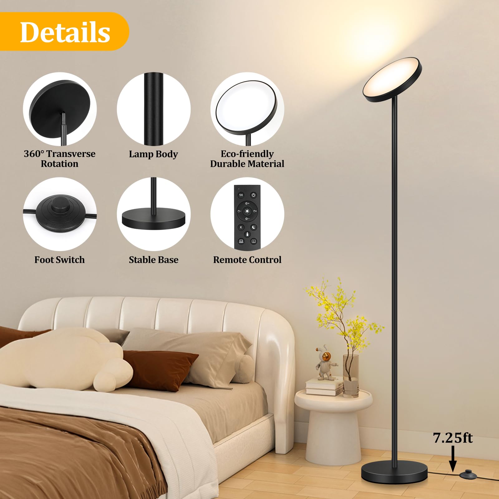 Bright Floor Lamp, 2400LM LED Floor Lamp for Living Room, Torchiere Floor Lamps with 2700K-6000K Stepless Dimming, 69" Tall Modern Standing Lamp with Remote & Foot Switch for Bedroom Office