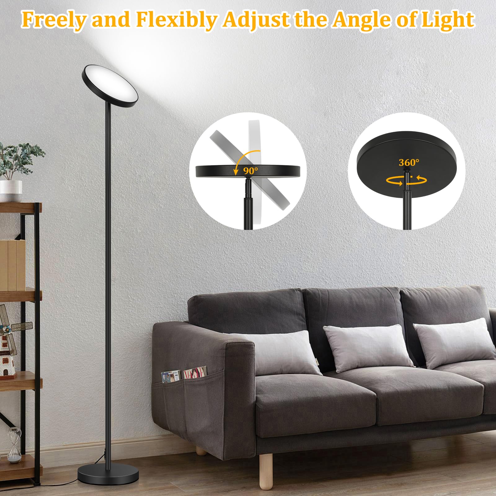 Bright Floor Lamp, 2400LM LED Floor Lamp for Living Room, Torchiere Floor Lamps with 2700K-6000K Stepless Dimming, 69" Tall Modern Standing Lamp with Remote & Foot Switch for Bedroom Office