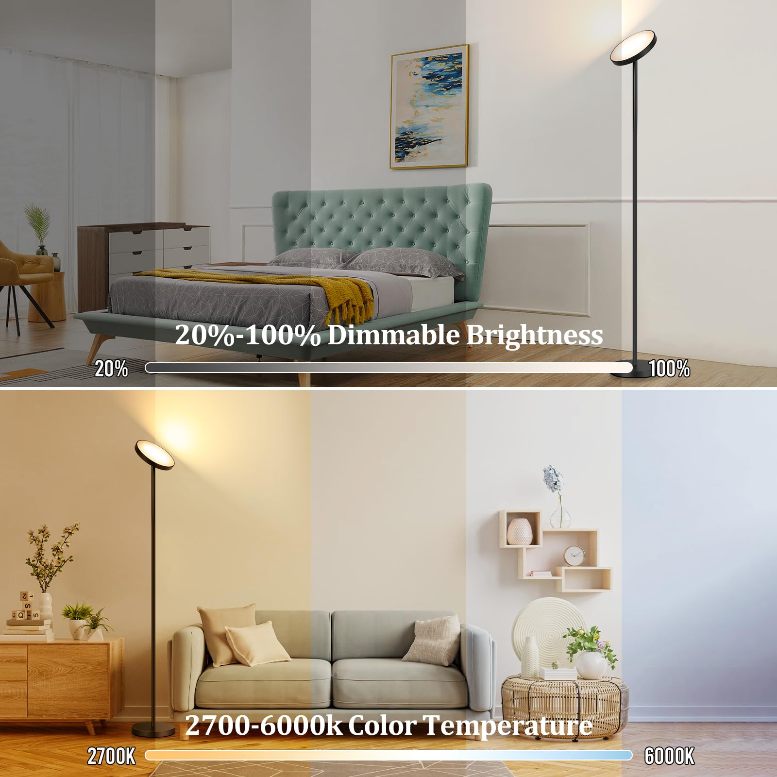 Bright Floor Lamp, 2400LM LED Floor Lamp for Living Room, Torchiere Floor Lamps with 2700K-6000K Stepless Dimming, 69" Tall Modern Standing Lamp with Remote & Foot Switch for Bedroom Office