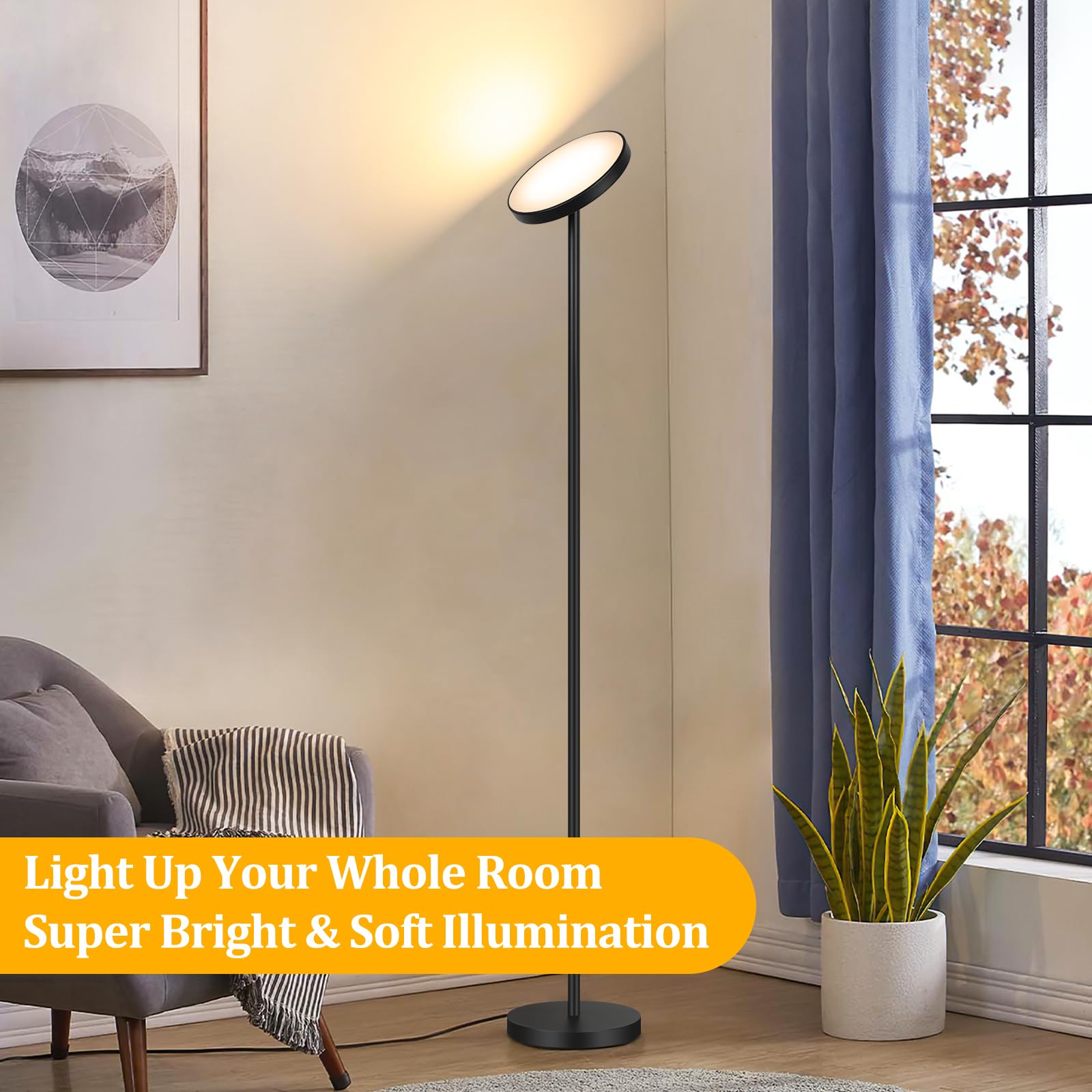 Bright Floor Lamp, 2400LM LED Floor Lamp for Living Room, Torchiere Floor Lamps with 2700K-6000K Stepless Dimming, 69" Tall Modern Standing Lamp with Remote & Foot Switch for Bedroom Office