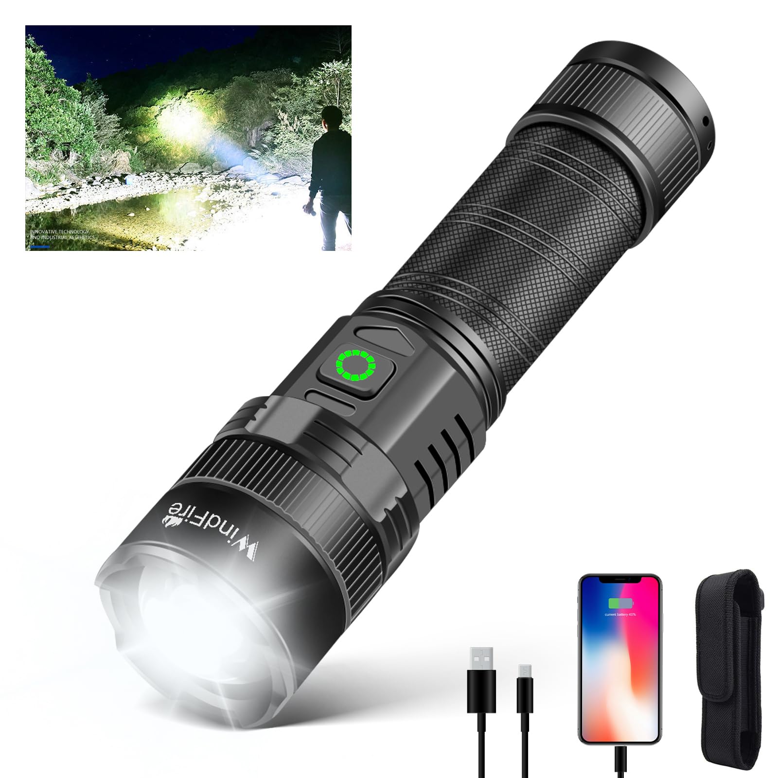 WINDFIRE Rechargeable LED Flashlights High Lumens, 100000 Lumens XHP70 Super Bright Powerful Tactical Flashlight 5 Modes Zoomable Handheld Waterproof Flashlight for Emergencies Camping Hiking