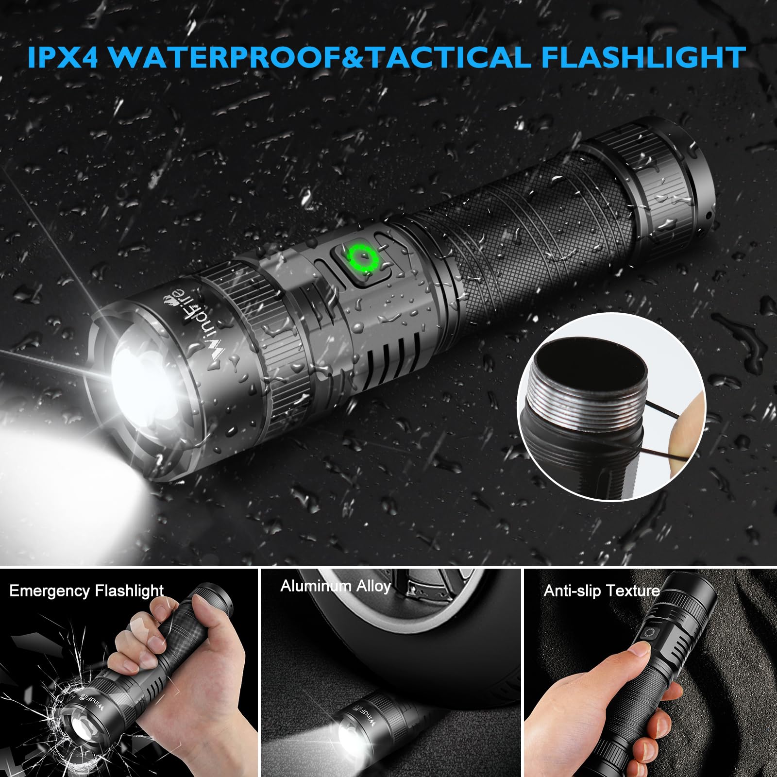 WINDFIRE Rechargeable LED Flashlights High Lumens, 100000 Lumens XHP70 Super Bright Powerful Tactical Flashlight 5 Modes Zoomable Handheld Waterproof Flashlight for Emergencies Camping Hiking